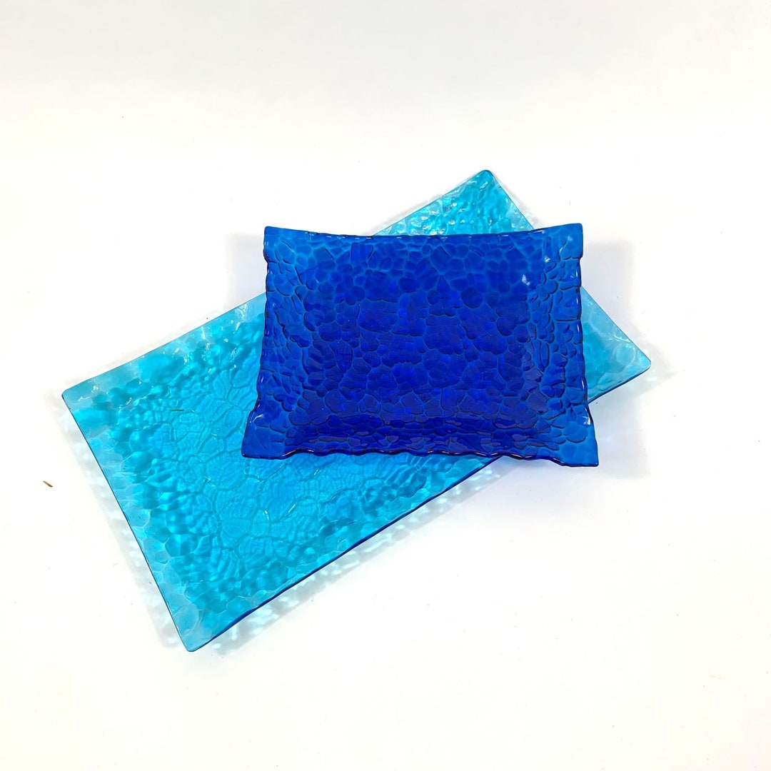 Pair of Midcentury Textured Blue Art Glass Trays Turquoise Cobalt ...