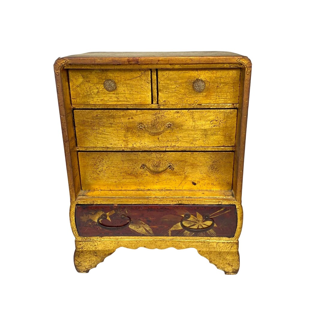 Gold Leaf Florentine Jewelry Box With Drawers and Hand Painted Birds - Etsy