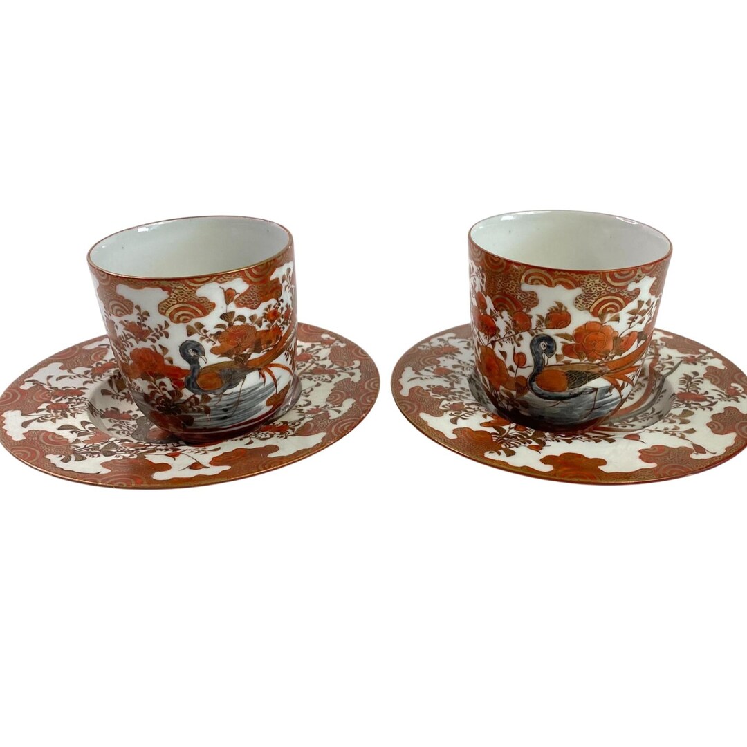 Bird Motif Japanese Sake Cups Signed Antique Kutani Hand-painted ...