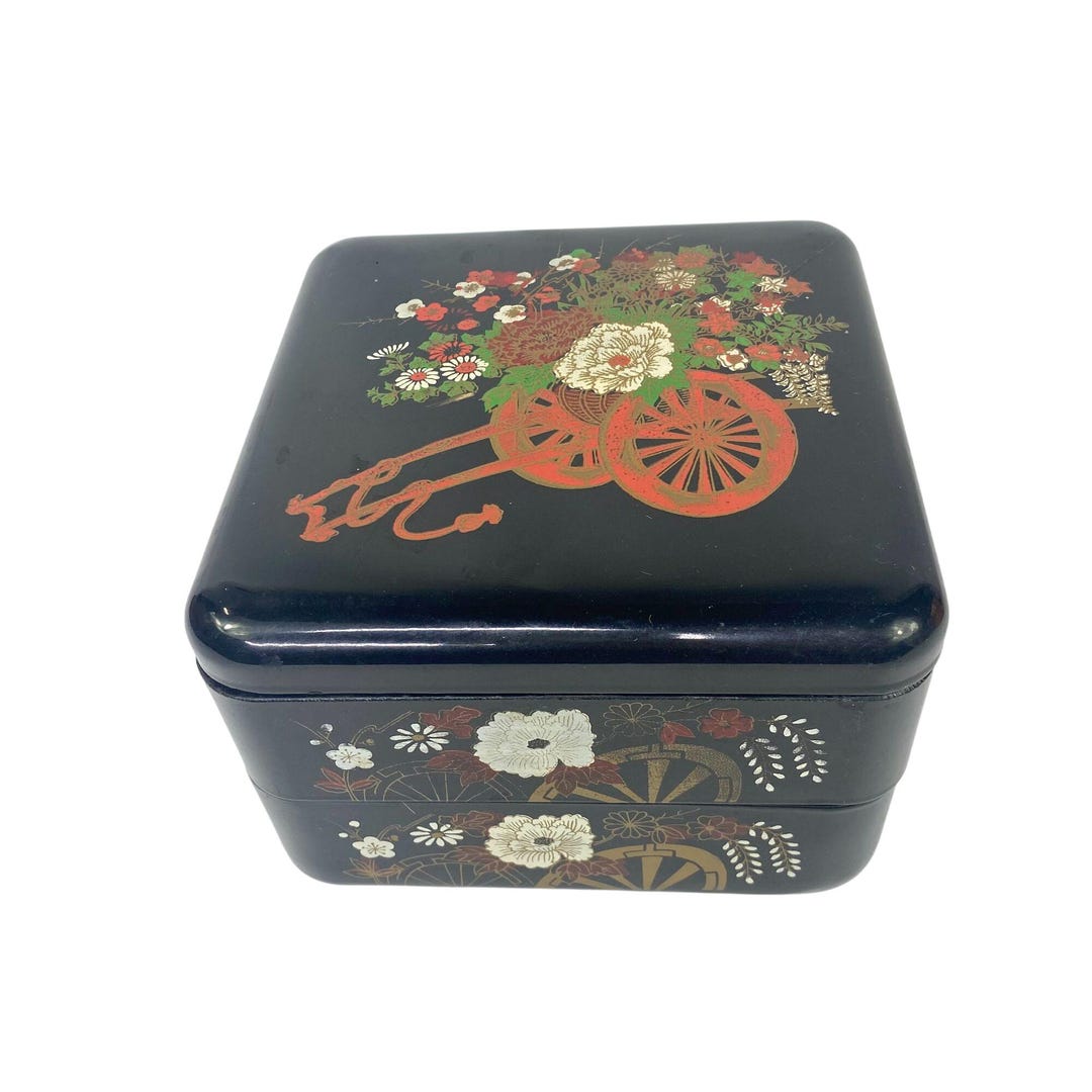 Square Stacking Black Gold Lacquer Box Trinket Jewelry Storage Flower ...