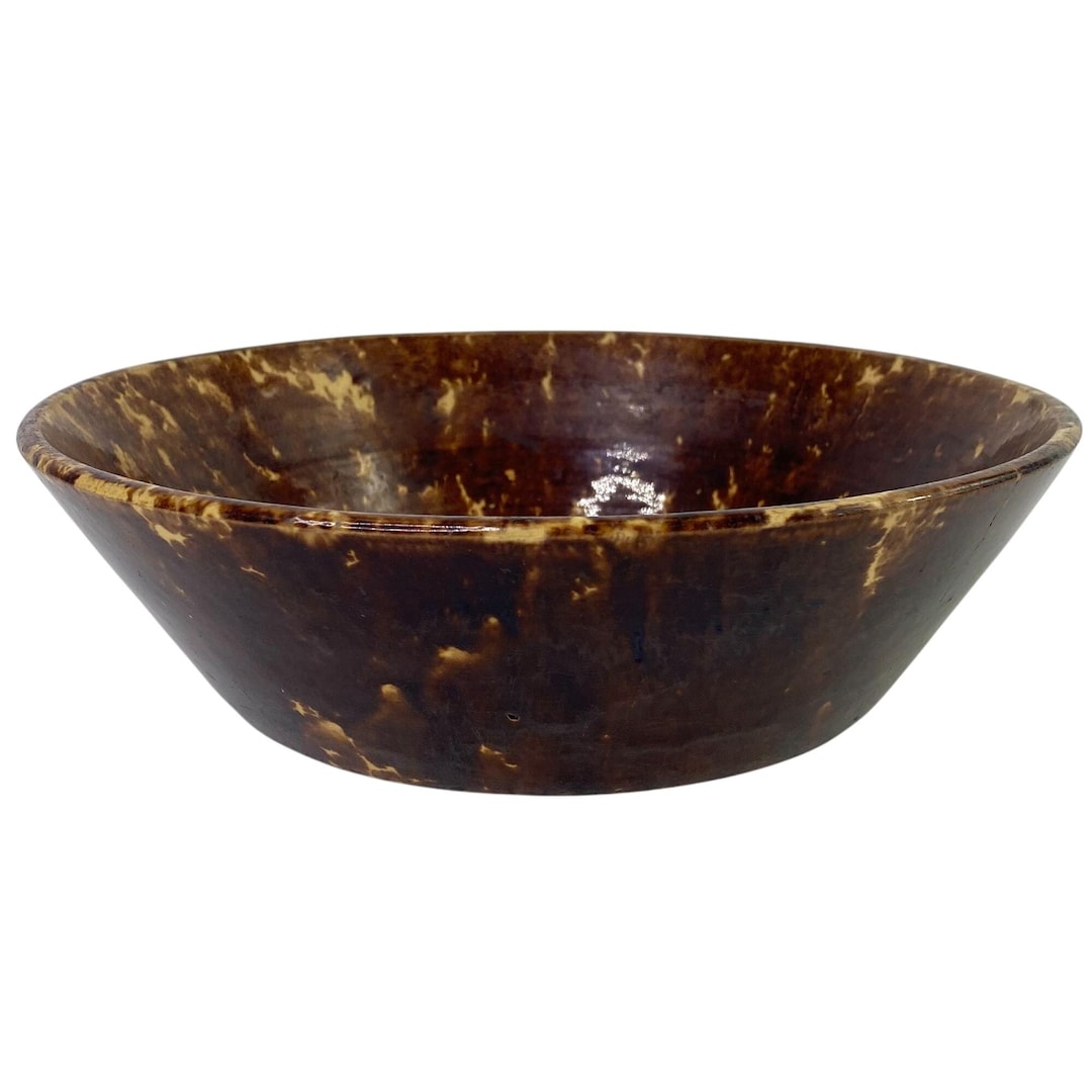 Brown Spongeware Serving Bowl W Molded Base Antique Bennington Style ...