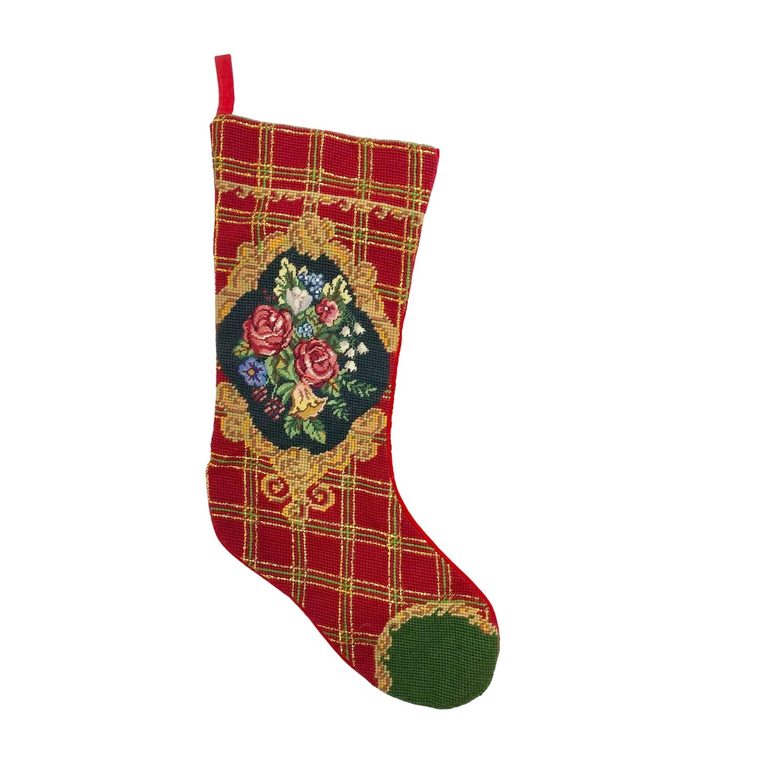 Victorian Roses and Plaid Design Needlepoint Red Velvet Stocking ...