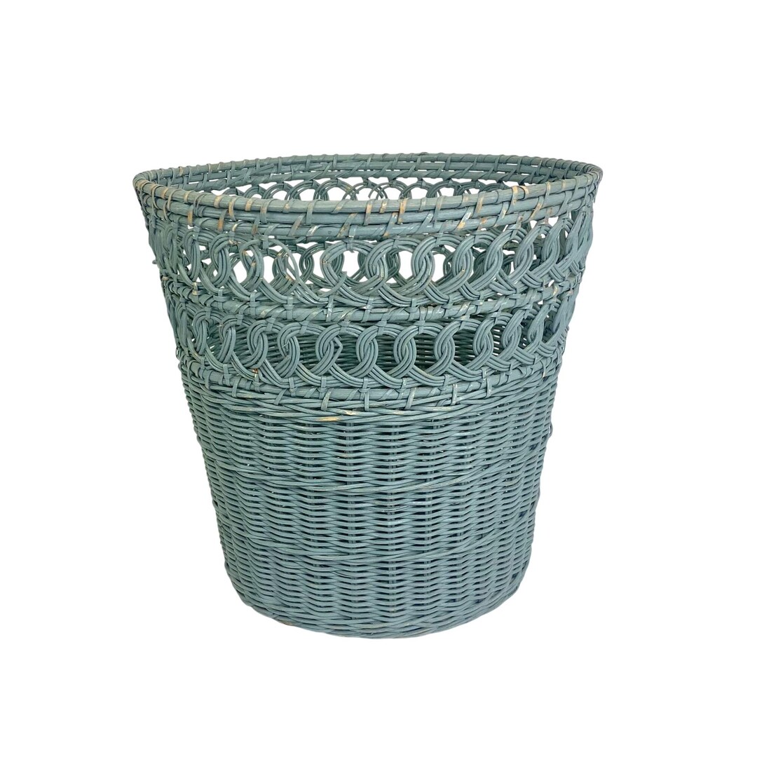 Shabby Sage Green Wicker Small Waste Basket Retro Rattan Bathroom Trash ...
