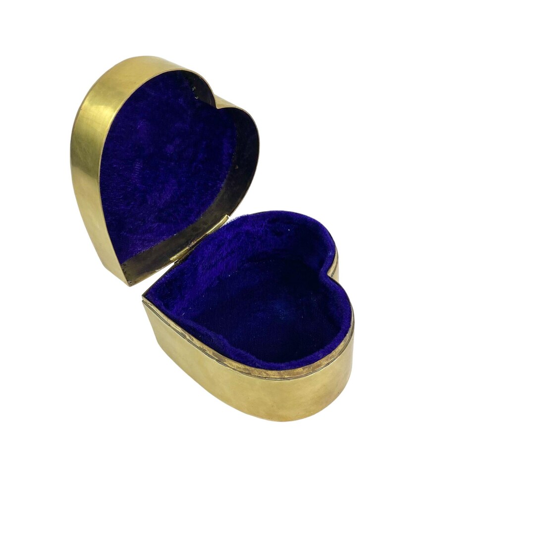 Velvet Lined Solid Brass Heart Shape Jewelry Trinket Box W Hinged Lid ...