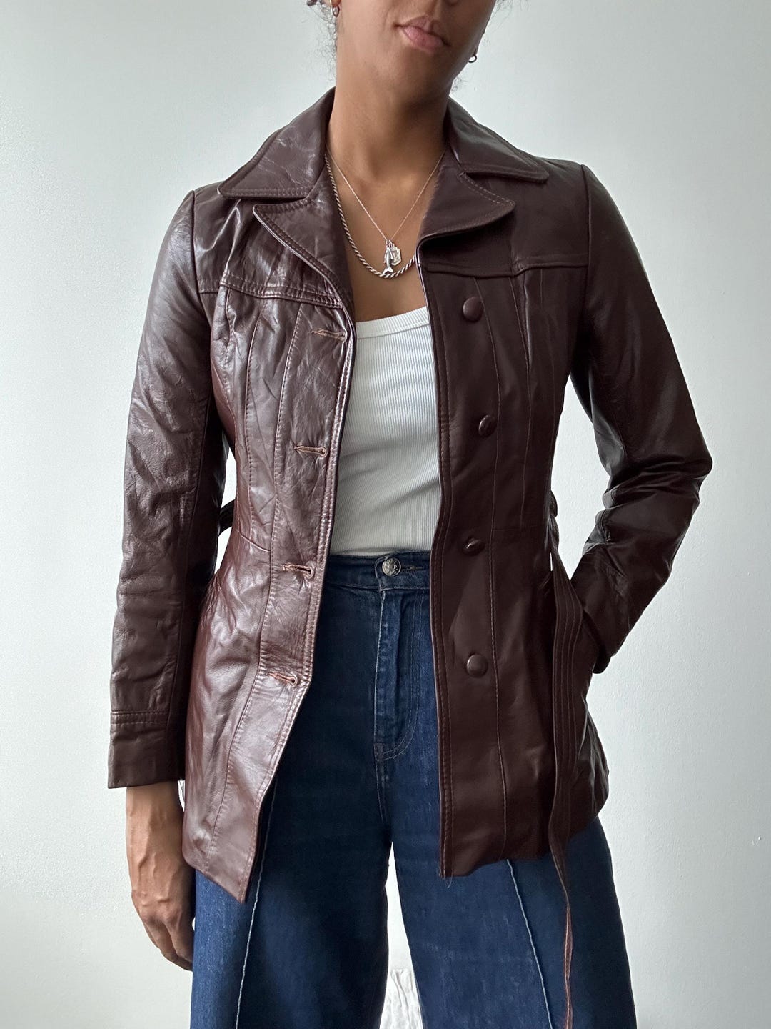 Vintage 70s Leather Belted Jacket. 1970s Panelled Chocolate Brown Coat ...