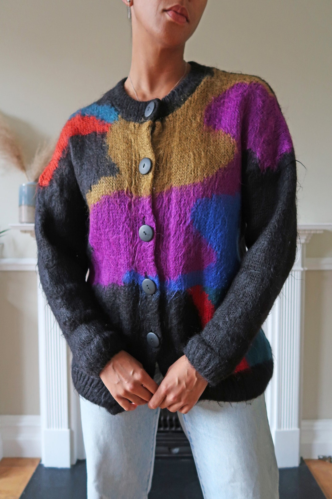 Vintage 80's Mohair Cardigan in Black. Vintage Fluffy Knit Abstract ...