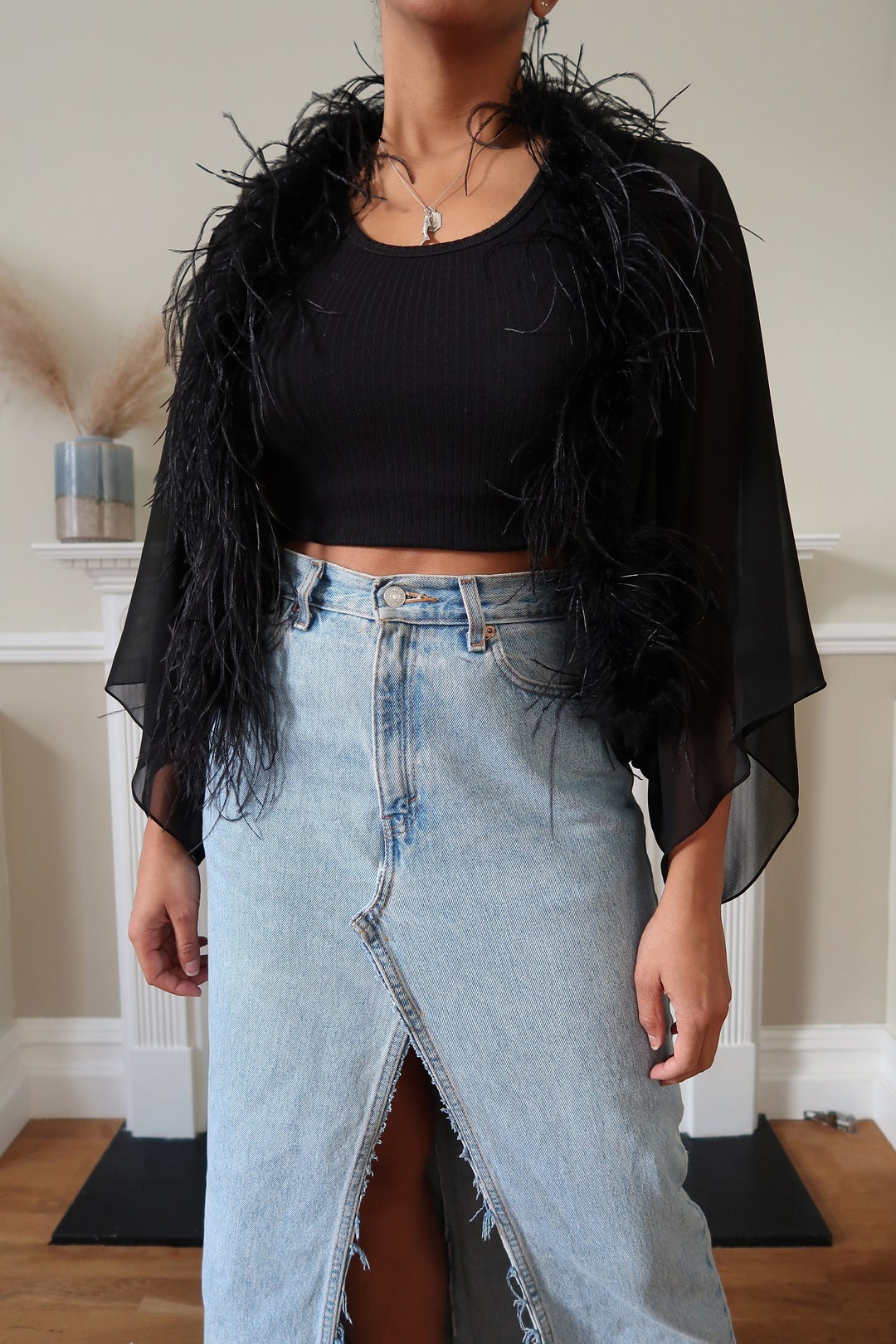 Vintage 80's 'frank Usher' Black Feather Trim Shrug. Vintage Sheer ...