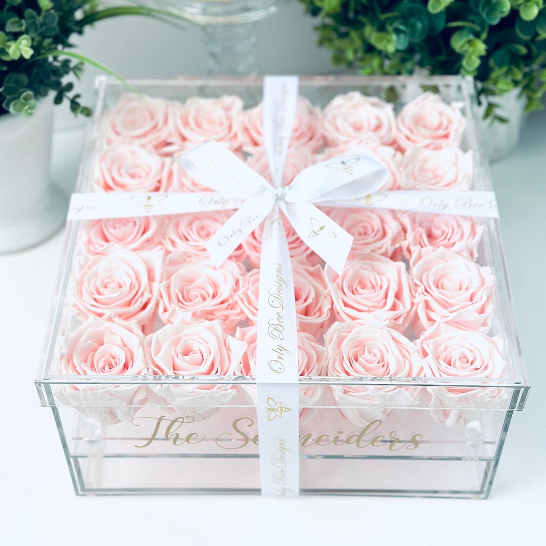 Preserved Pink Roses Personalized Acrylic Box. Wedding Anniversary ...
