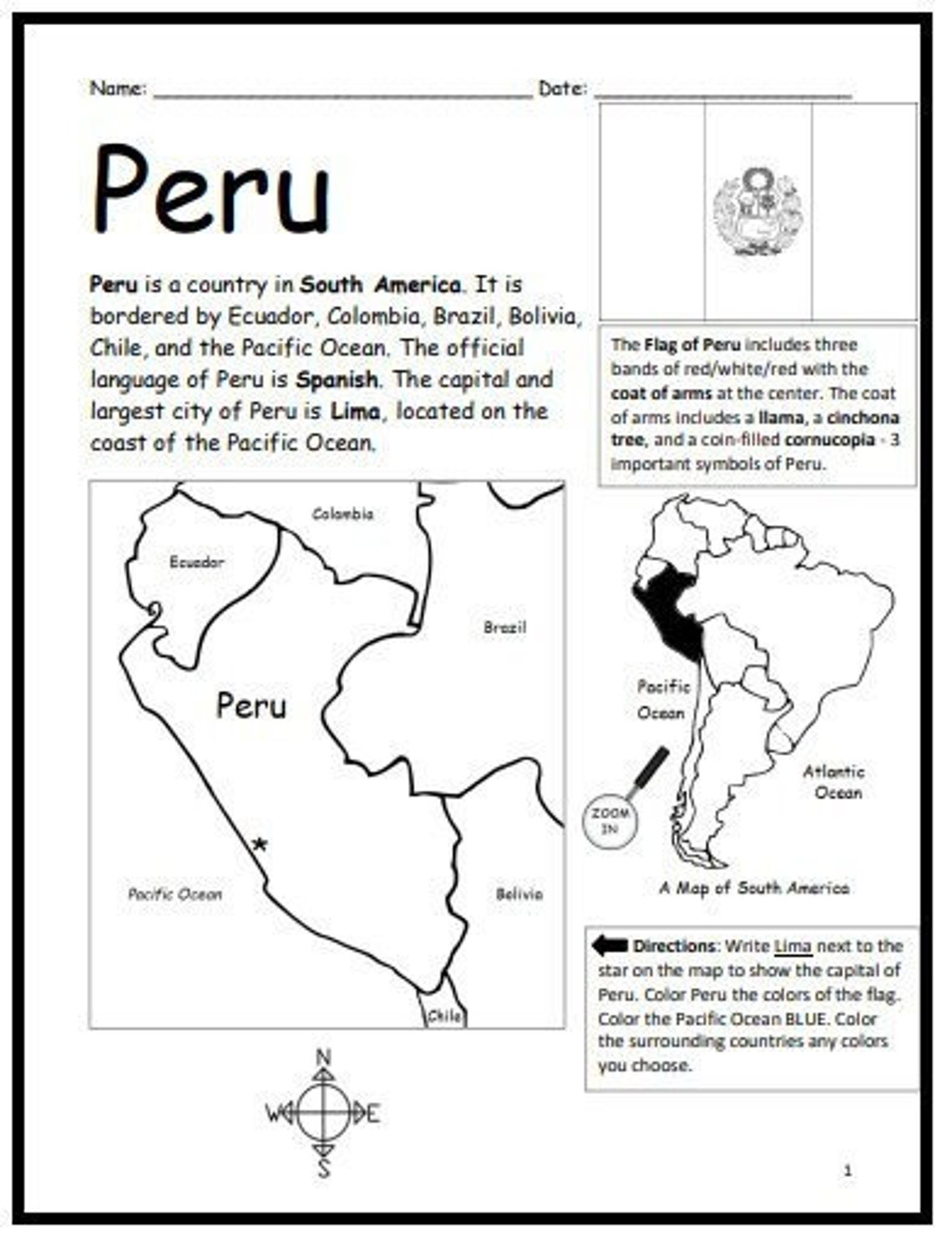 Countries of South America Printable Introductory Geography Worksheets ...