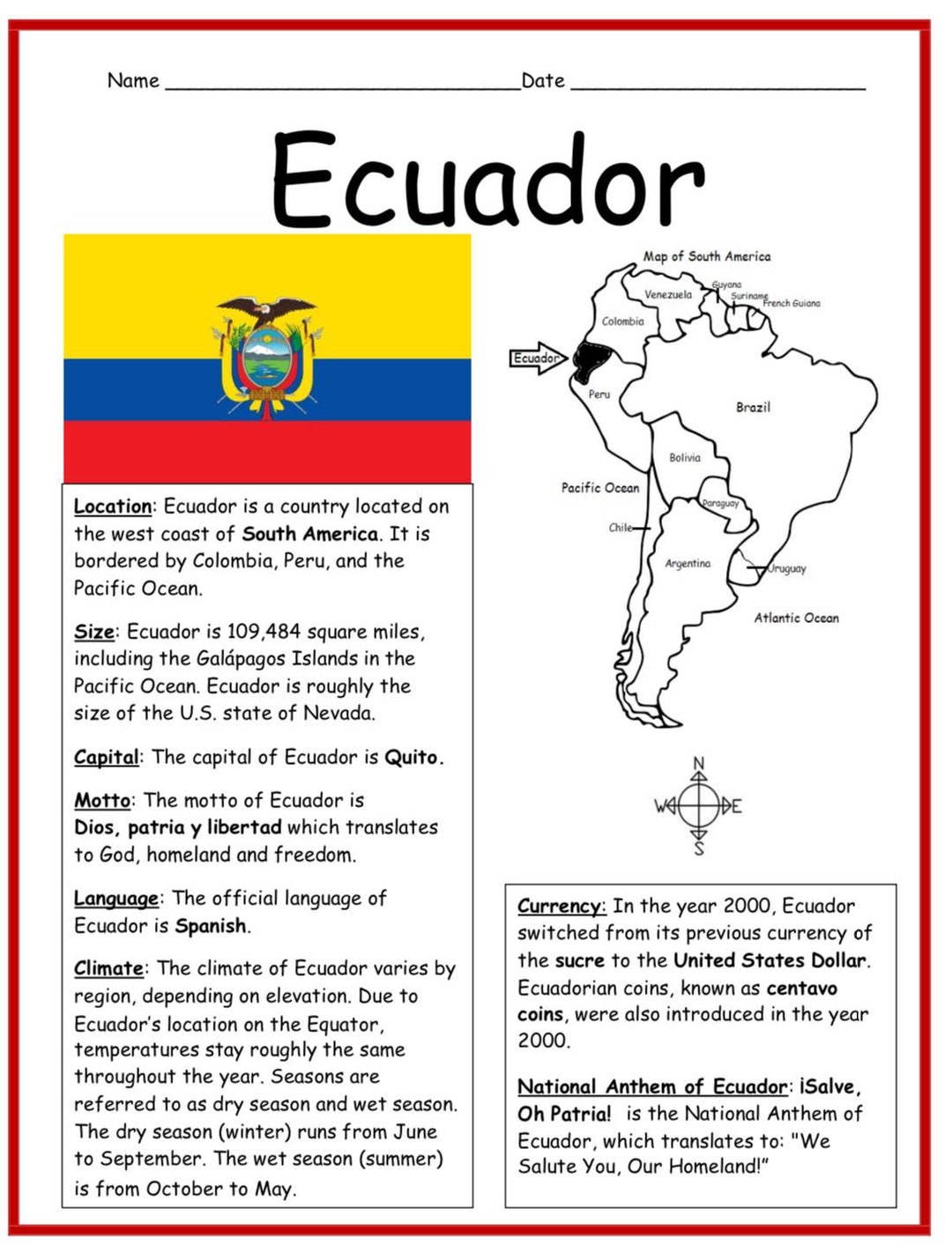 Ecuador Printable Fact Sheet and Cloze Activity Worksheet - Etsy