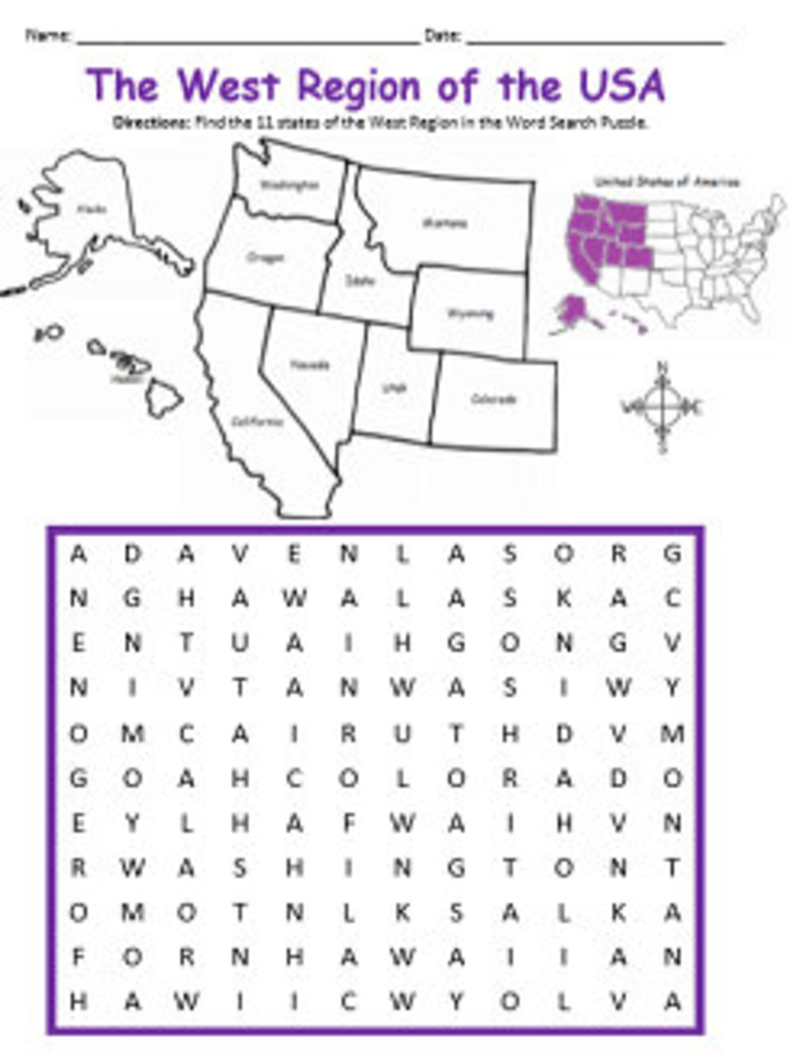Regions of the United States Printable Map and Word Search Puzzle ...
