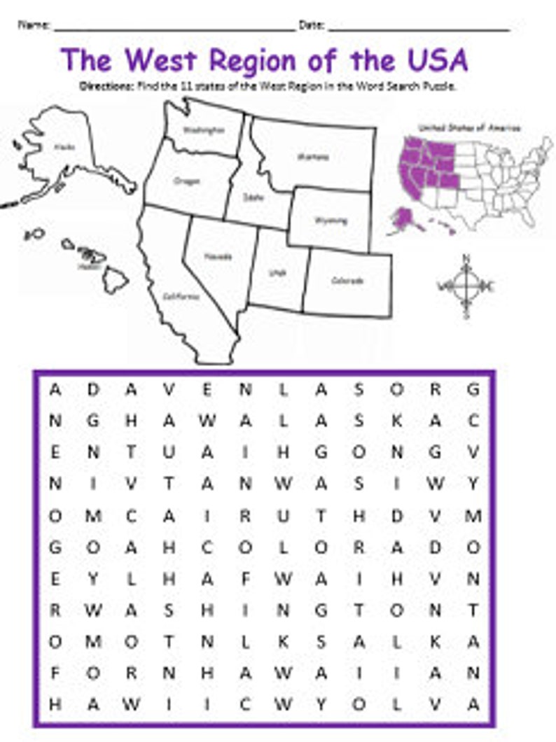 Regions of the United States Printable Map and Word Search Puzzle ...
