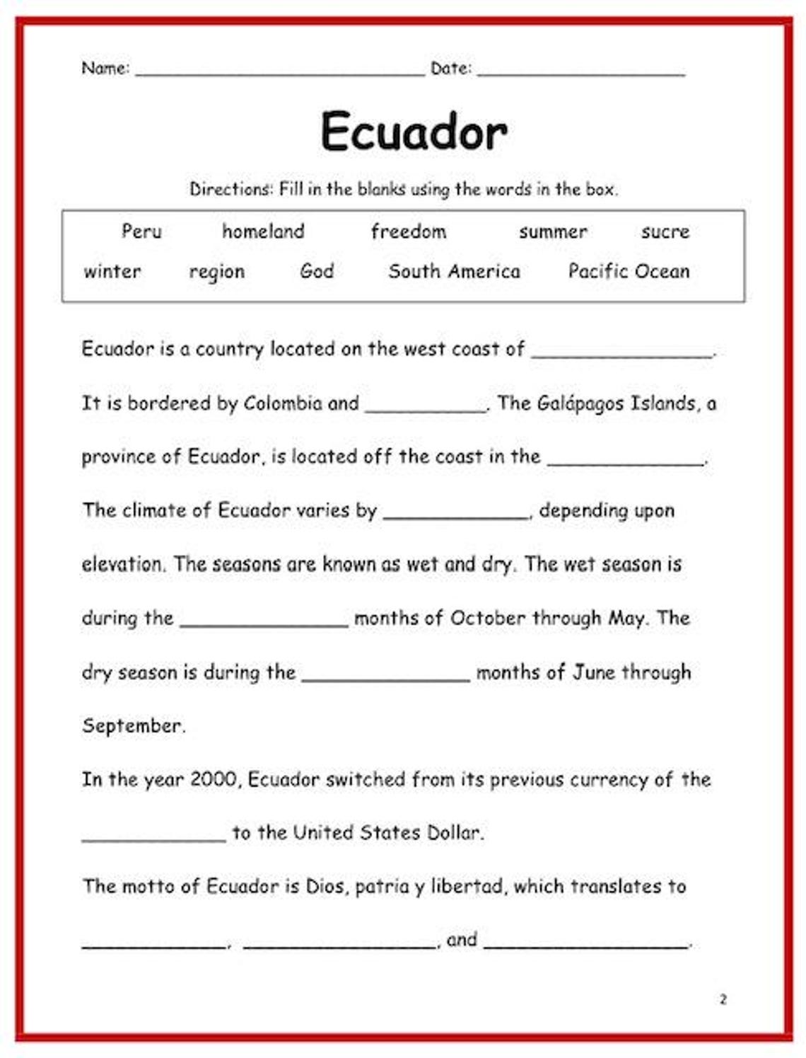 Ecuador Printable Fact Sheet and Cloze Activity - Etsy