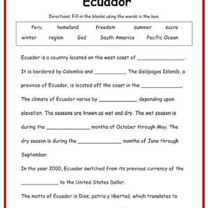 Ecuador Printable Fact Sheet and Cloze Activity - Etsy