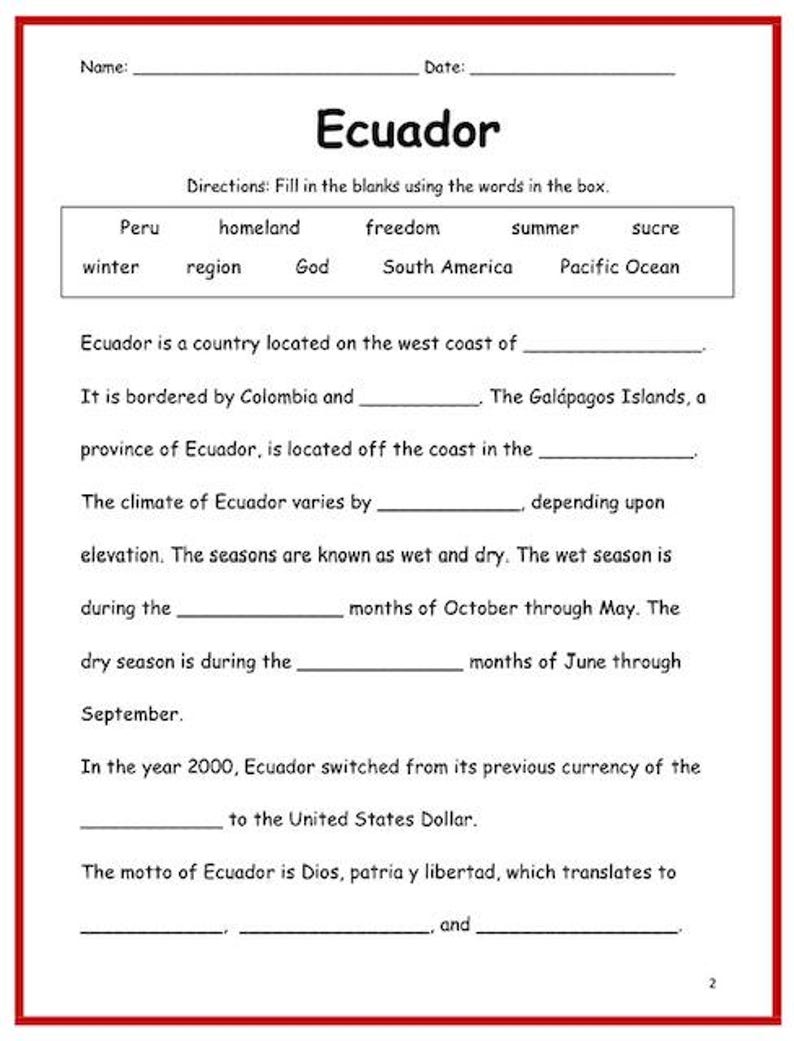 Ecuador Printable Fact Sheet and Cloze Activity Worksheet - Etsy