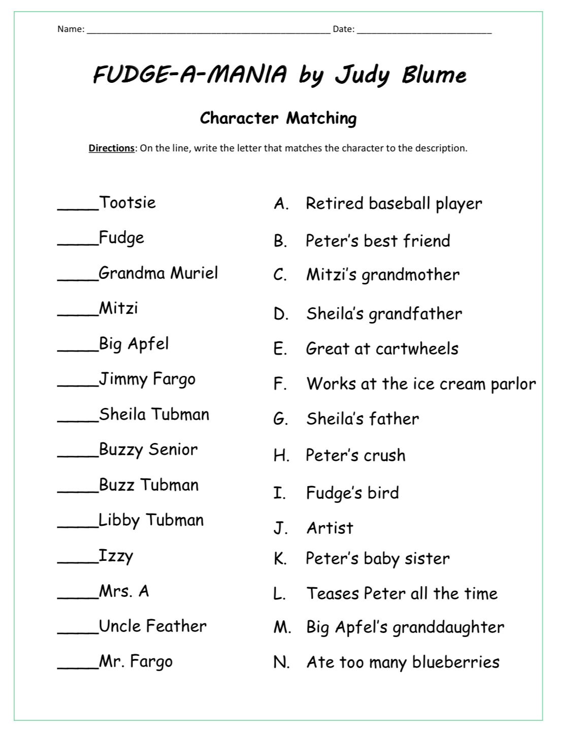 FUDGE A MANIA by Judy Blume Printable Worksheets for Each Chapter - Etsy