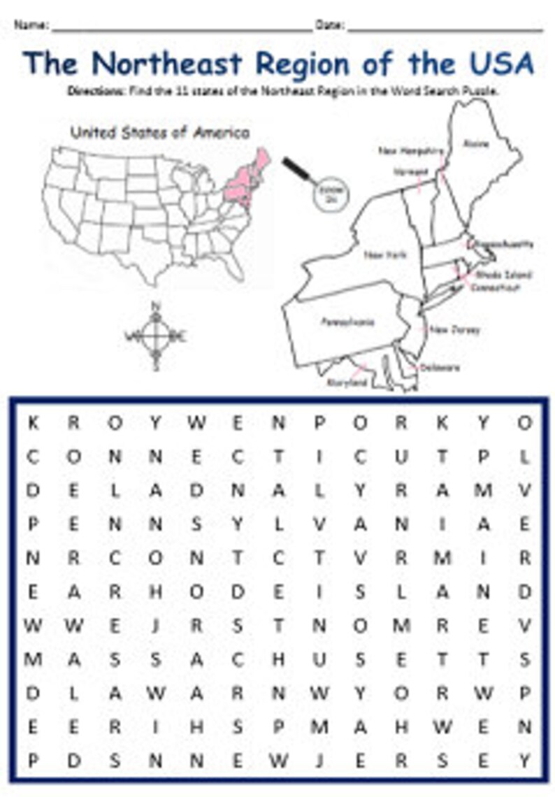 Regions of the United States Printable Map and Word Search Puzzle ...