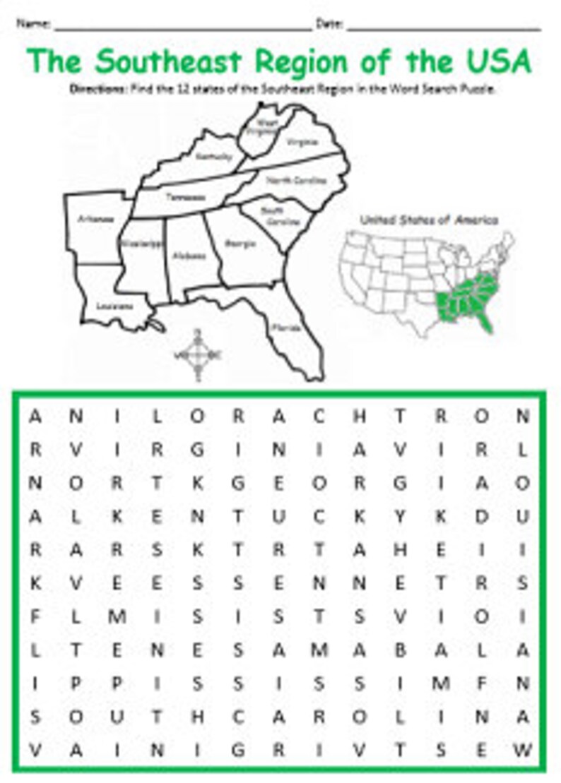 Regions of the United States Printable Map and Word Search Puzzle ...