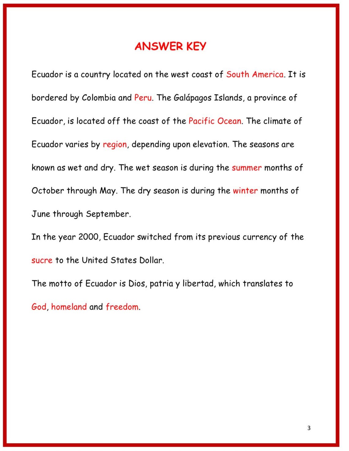 Ecuador Printable Fact Sheet and Cloze Activity Worksheet - Etsy