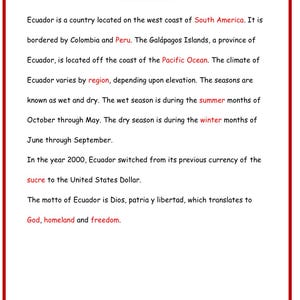 Ecuador Printable Fact Sheet and Cloze Activity Worksheet - Etsy