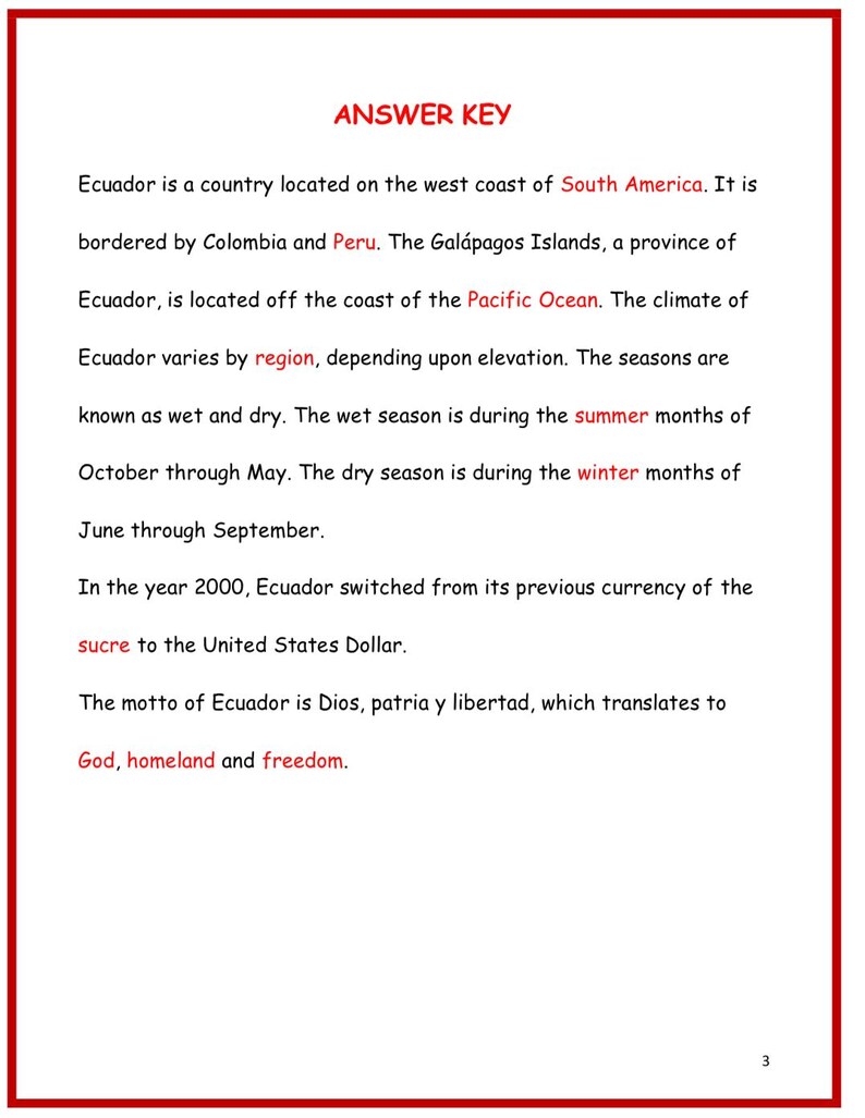 Ecuador Printable Fact Sheet and Cloze Activity Worksheet - Etsy