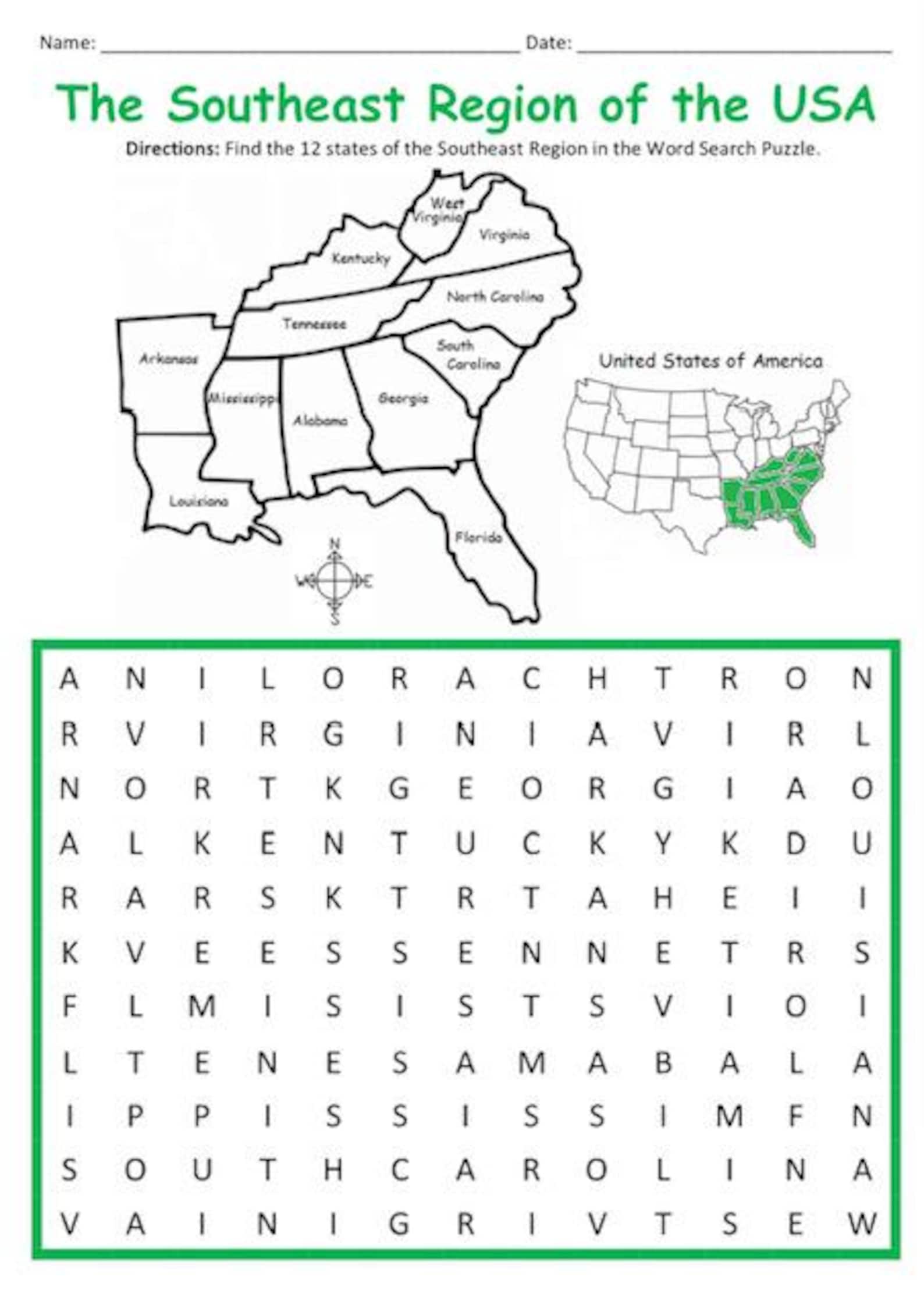 Southeast Region of the USA Printable Worksheets Bundle - Etsy