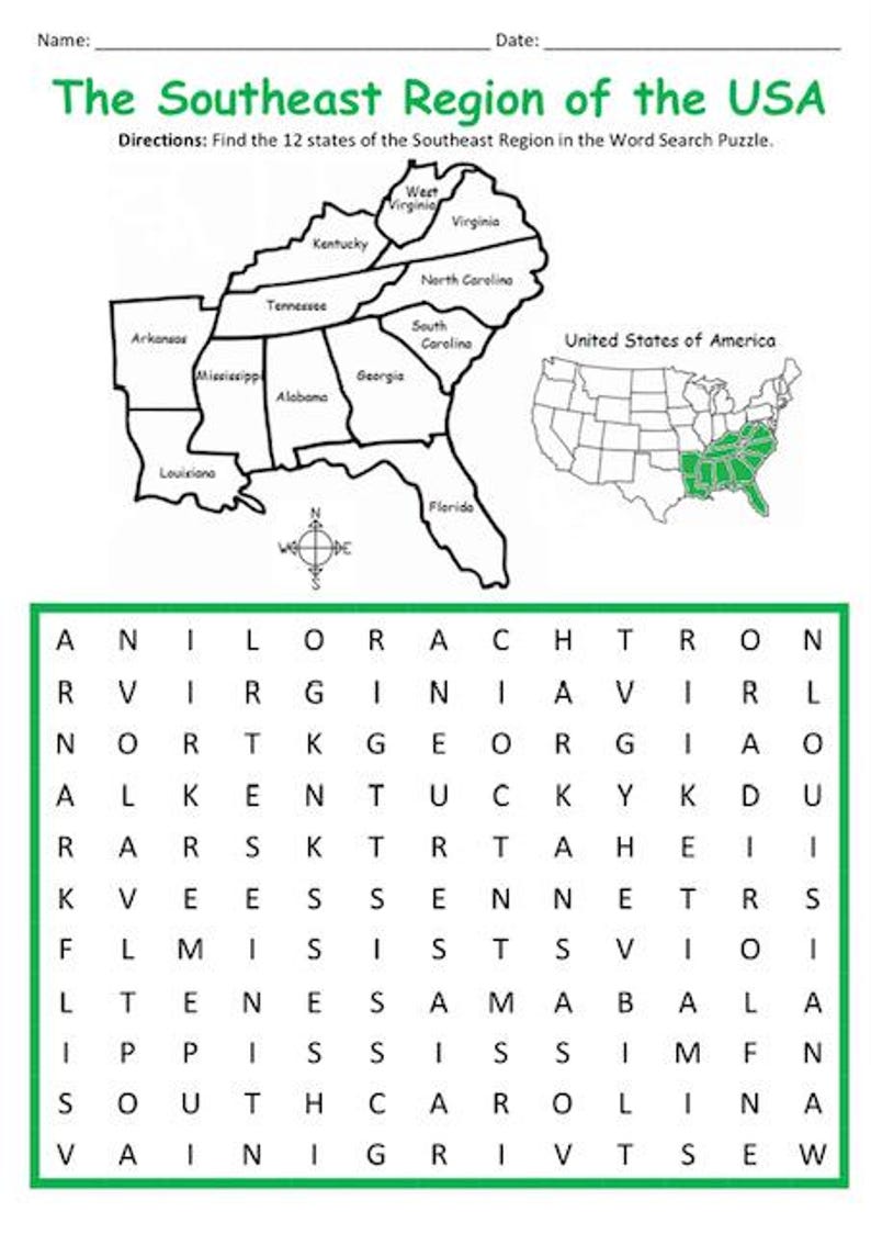 Southeast Region of the USA Printable Worksheets Bundle - Etsy