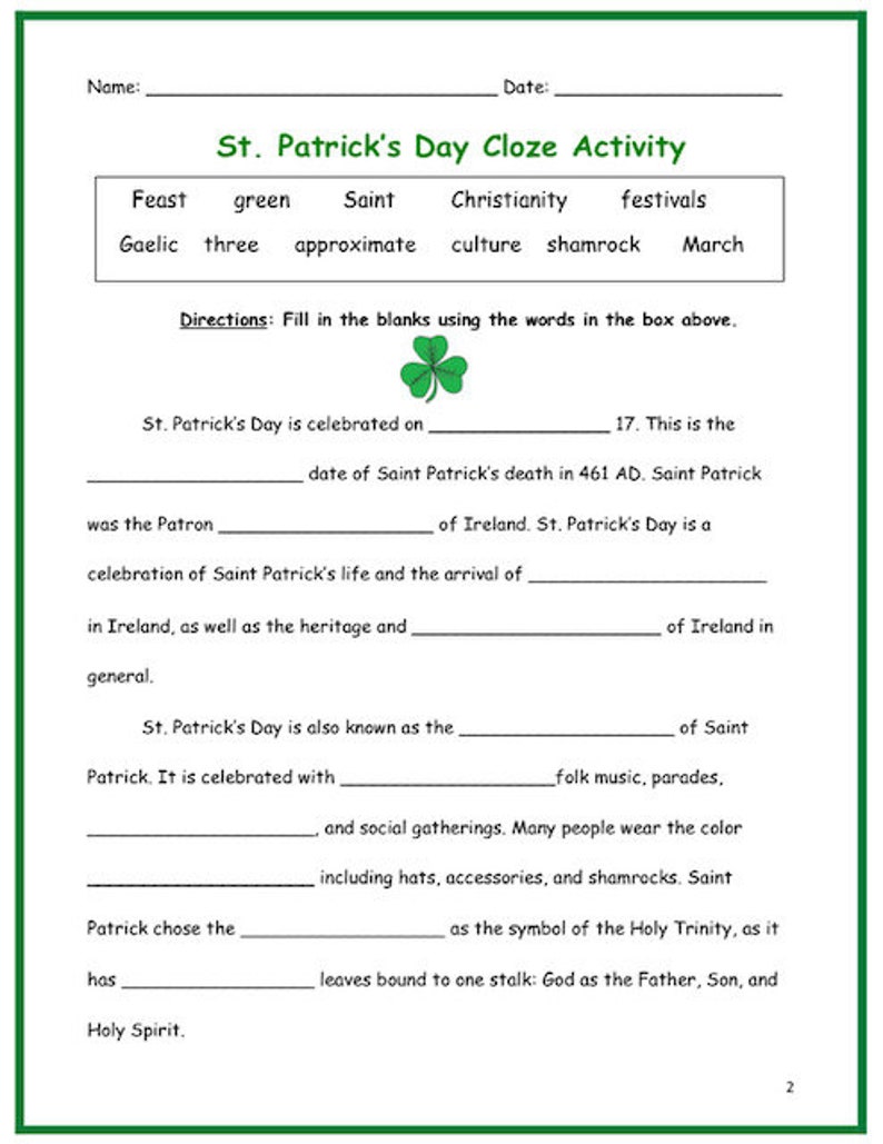 St. Patick's Day Printable Worksheet - Etsy