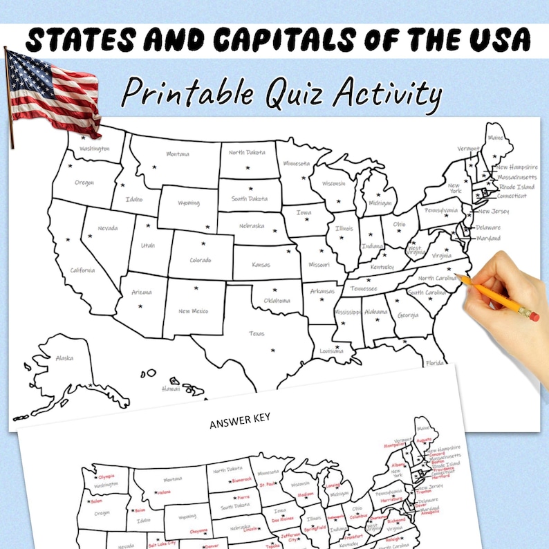 USA 50 States and Capitals Printable Map and Quiz Activity - Etsy