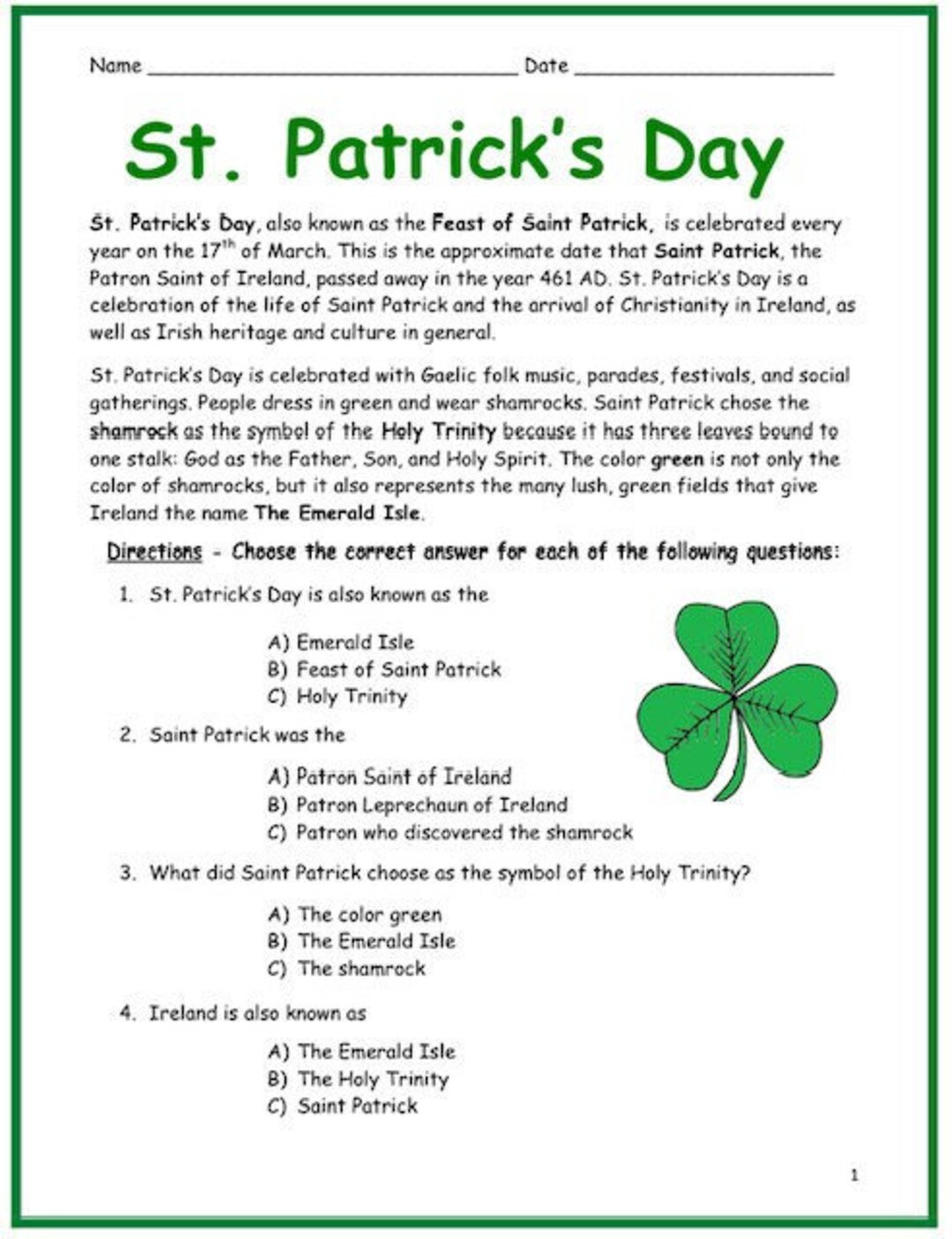 St. Patick's Day Printable Worksheet - Etsy