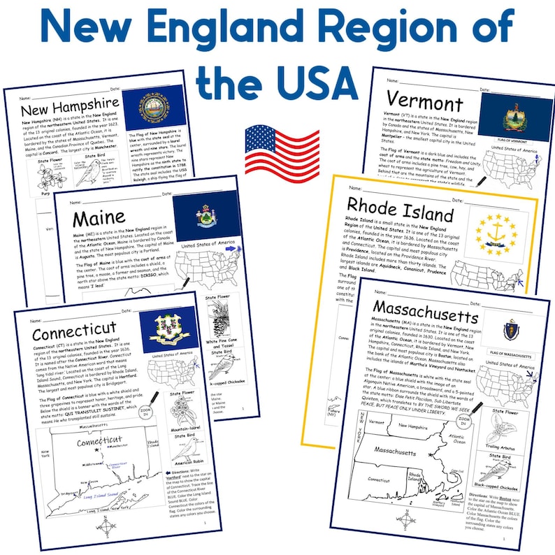New England States Printable Worksheets Bundle - Etsy