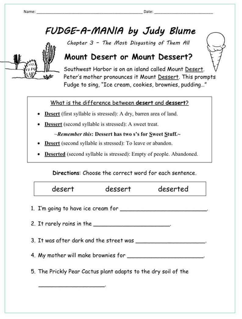 FUDGE A MANIA by Judy Blume Printable Worksheets for Each Chapter - Etsy