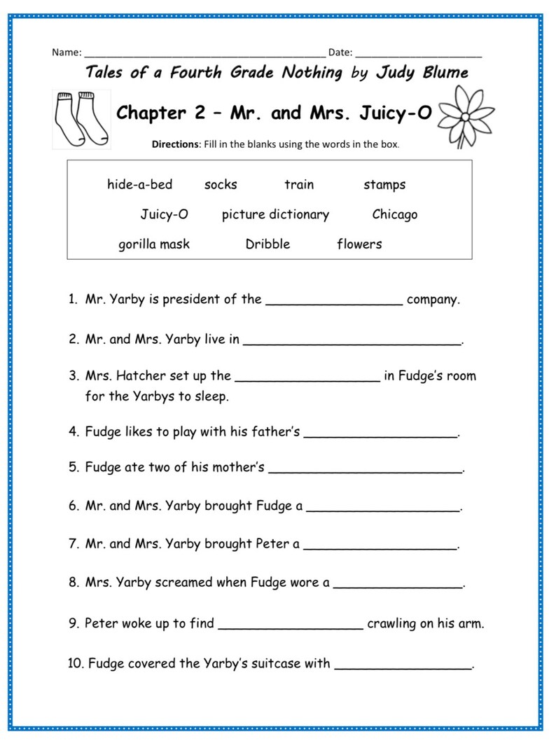 Tales of a Fourth Grade Nothing by Judy Blume Printable Worksheets for ...