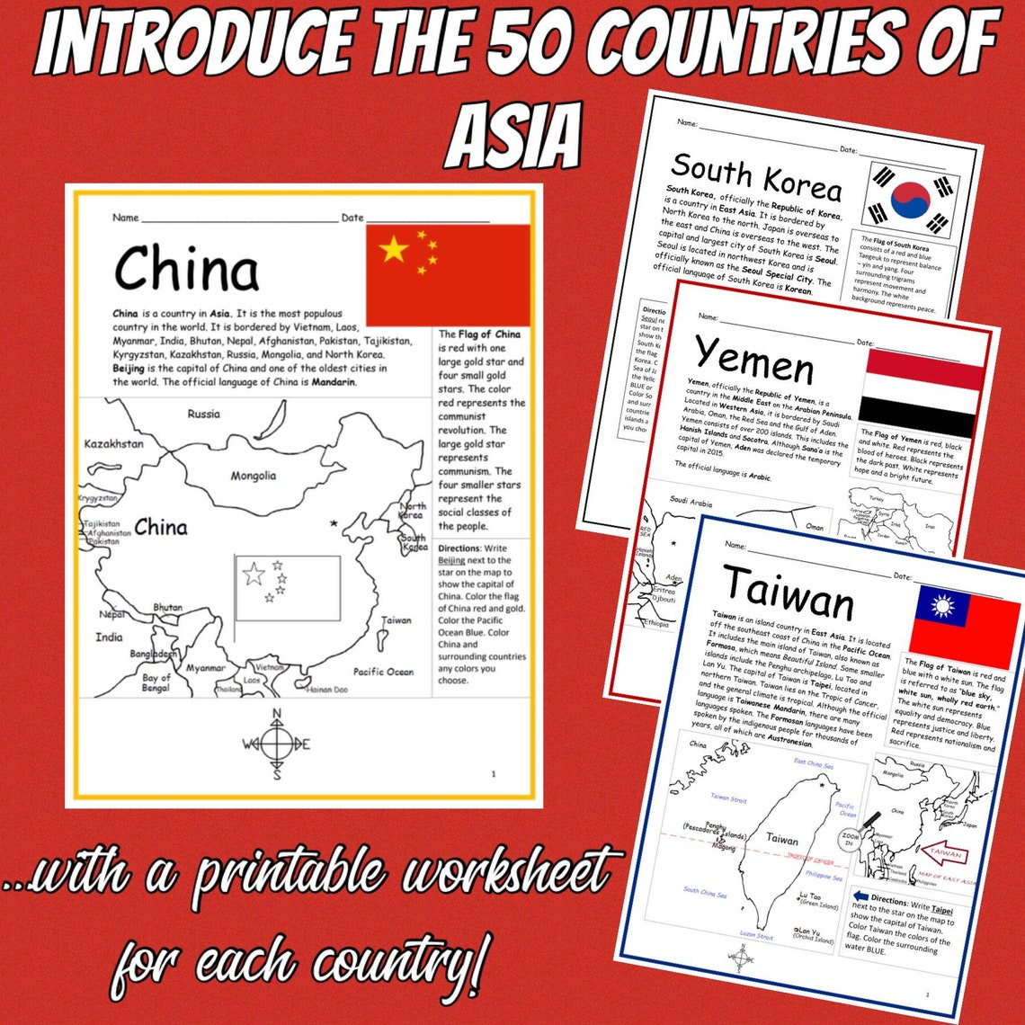 Countries of Asia Printable Worksheets Bundle - Etsy