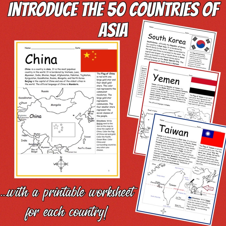 Countries of Asia Printable Worksheets Bundle - Etsy