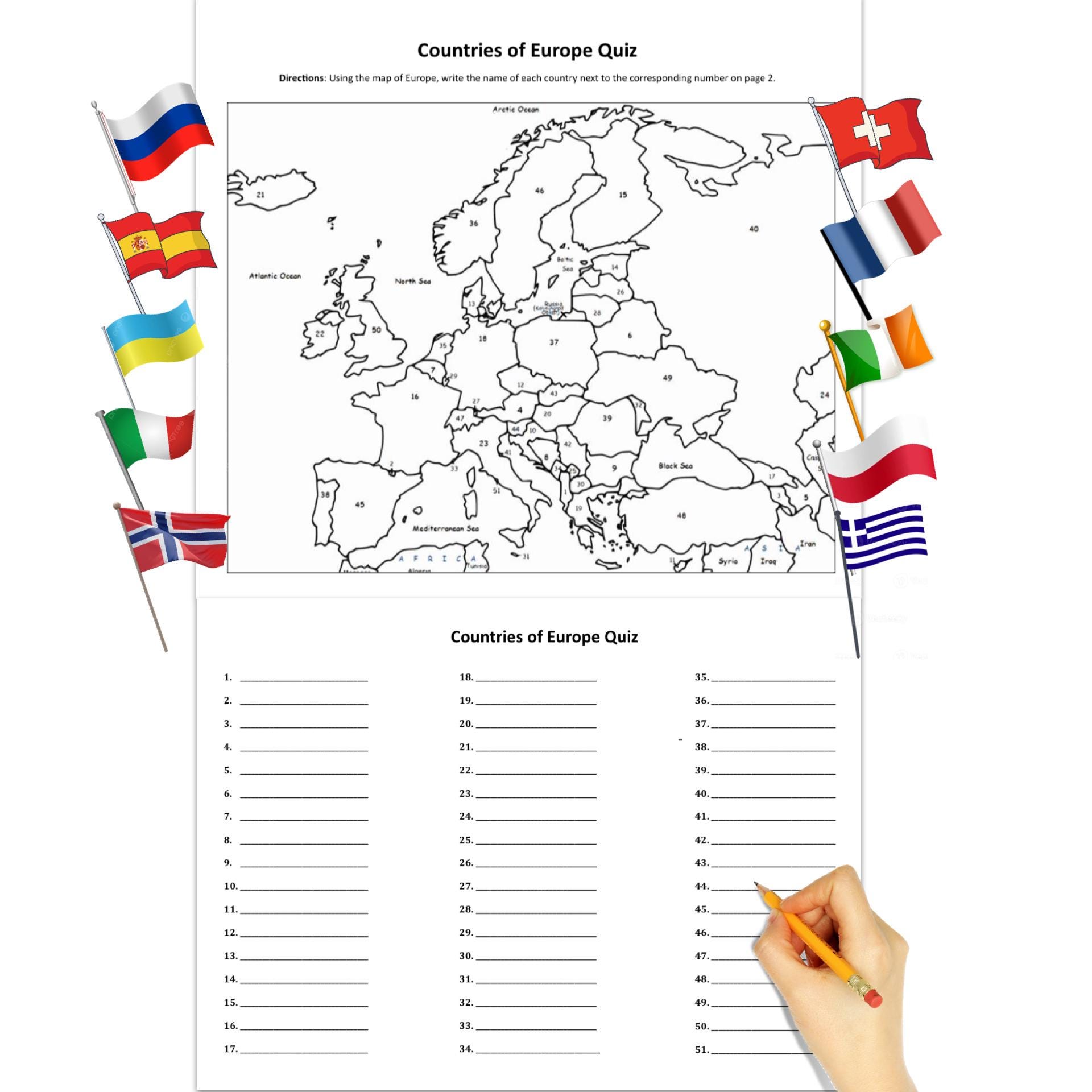 Countries of Europe Printable Quiz Worksheet - Etsy