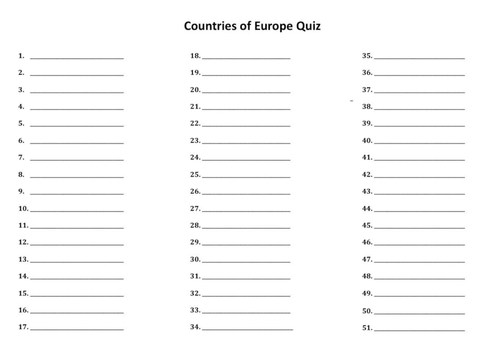 Countries of Europe Printable Quiz Worksheet - Etsy
