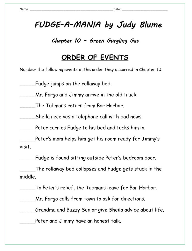 FUDGE A MANIA by Judy Blume Printable Worksheets for Each Chapter - Etsy