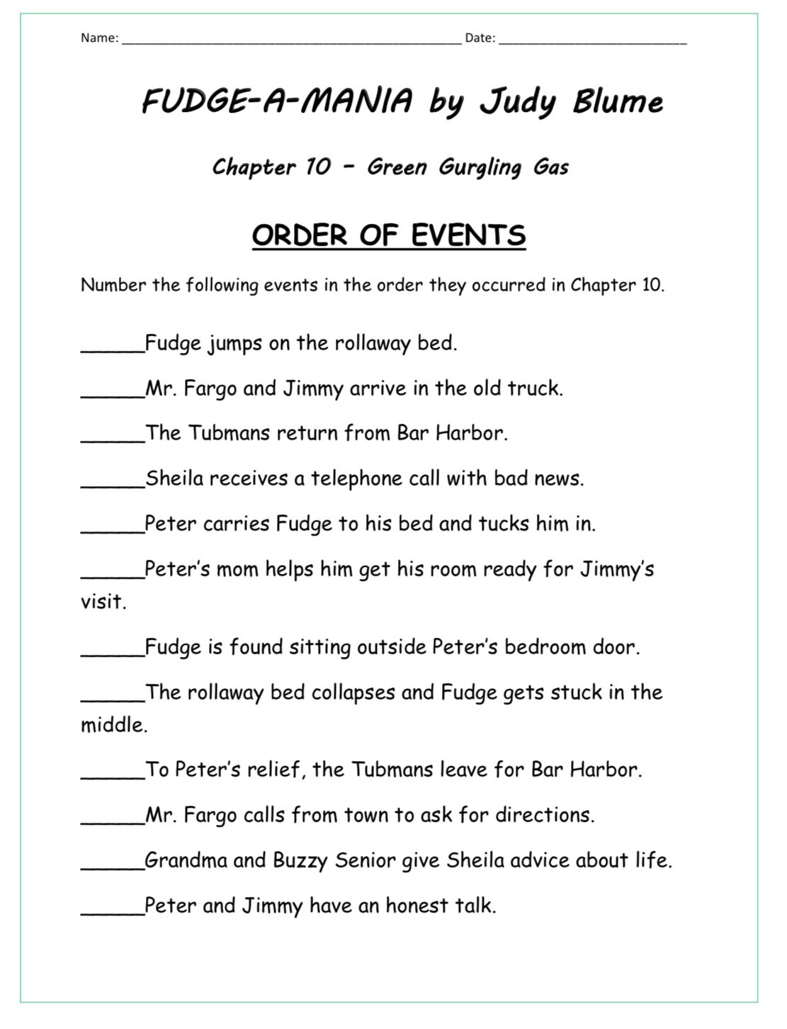 FUDGE A MANIA by Judy Blume Printable Worksheets for Each Chapter - Etsy