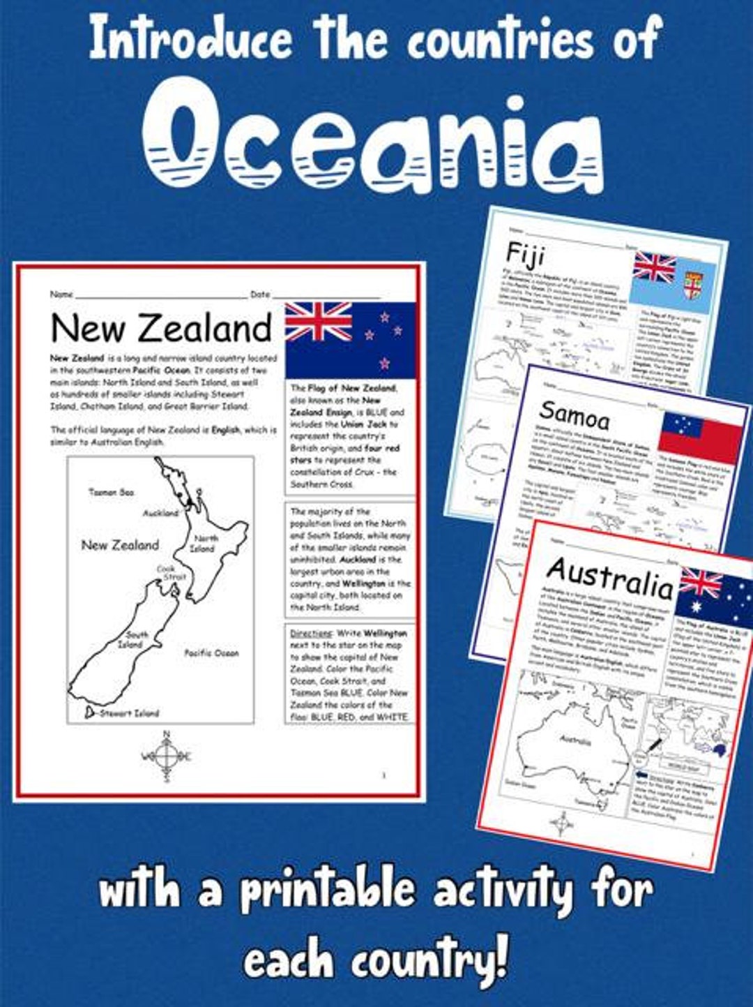 Oceania Countries Printable Worksheets Bundle - Etsy