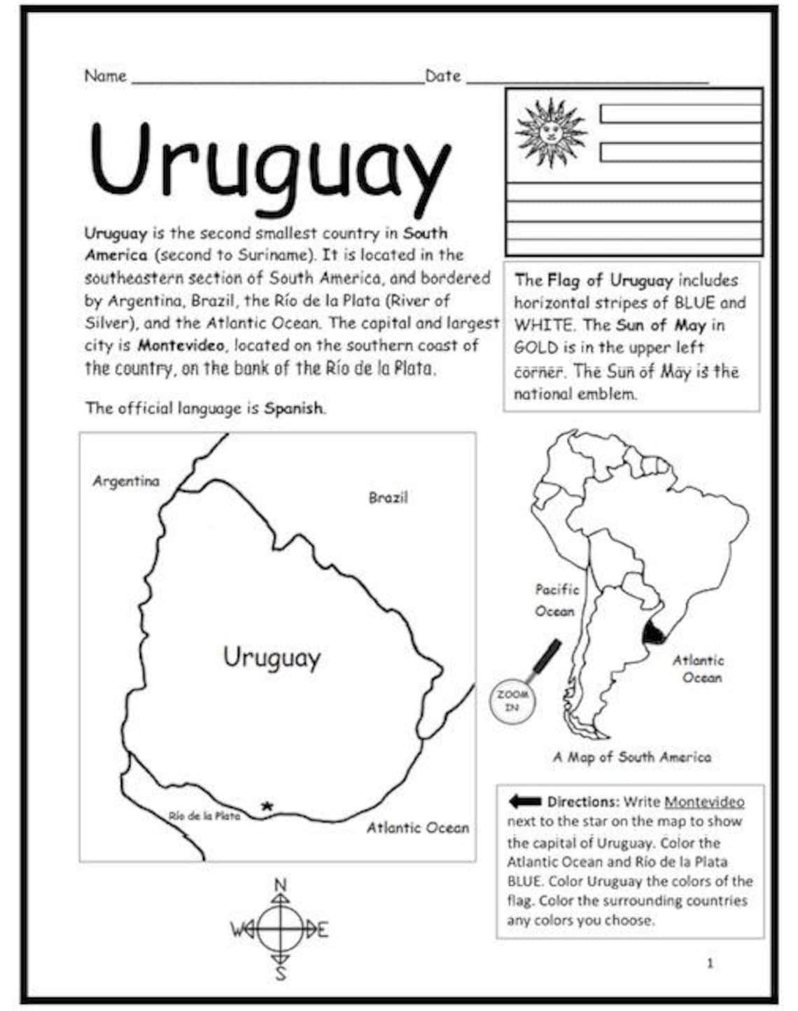Countries of South America Printable Introductory Geography Worksheets ...