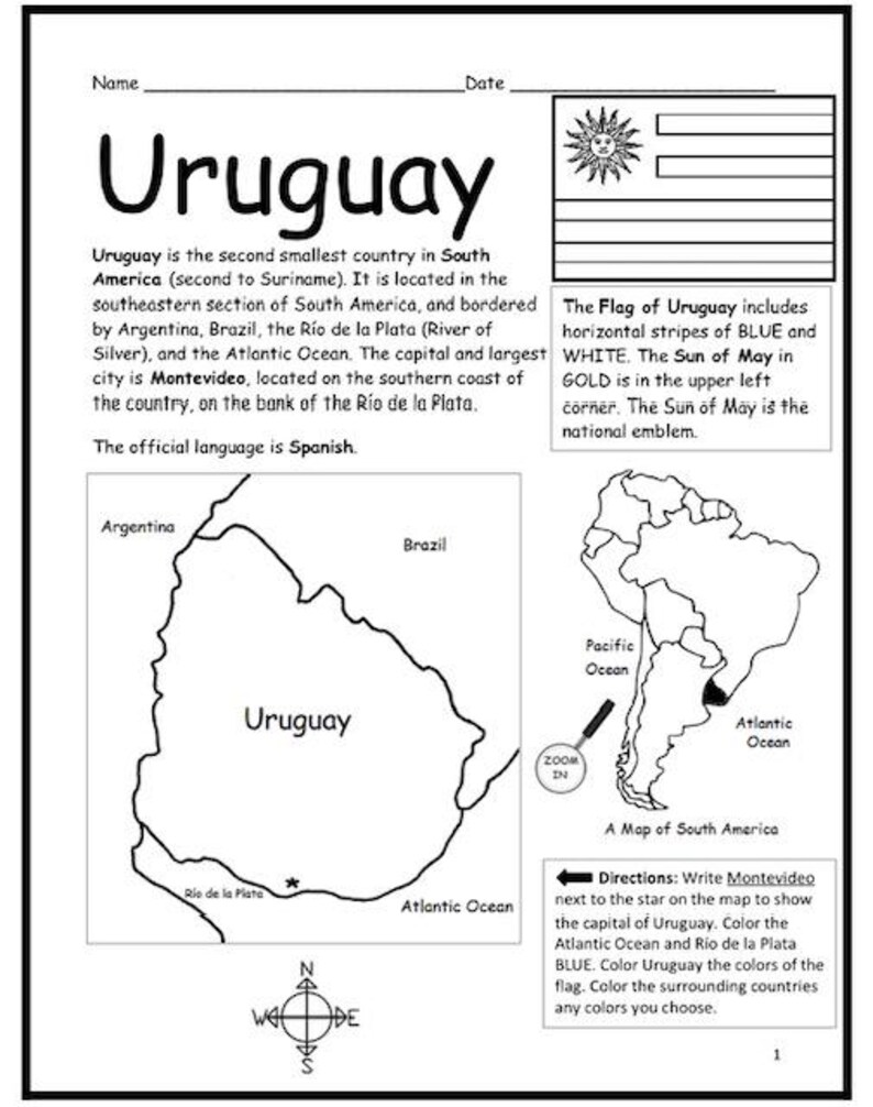 Countries of South America Printable Introductory Geography Worksheets ...