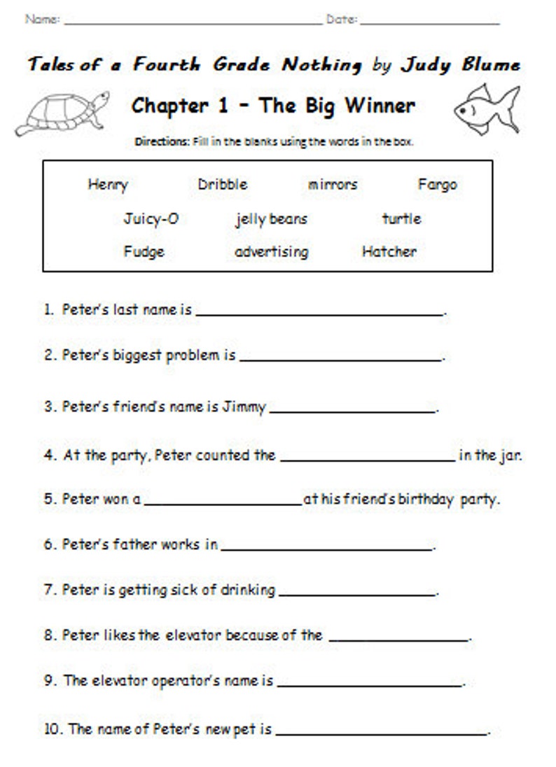 Tales of a Fourth Grade Nothing by Judy Blume Printable Worksheets for ...