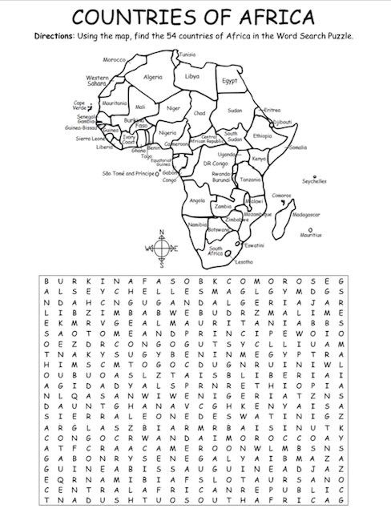 Countries of Africa Printable Map and Word Search Puzzle Worksheet - Etsy