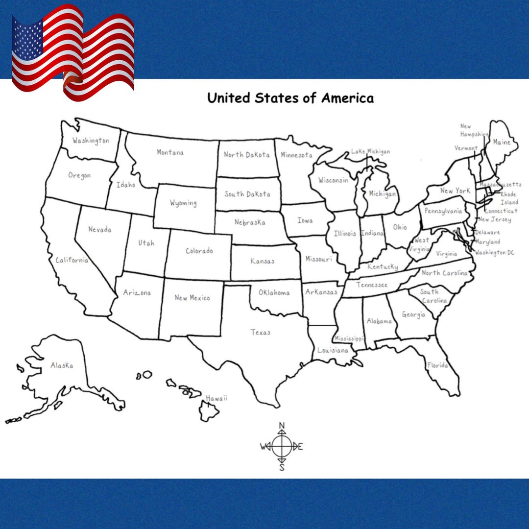 United States Printable Map 50 States Worksheet Coloring Page - Etsy