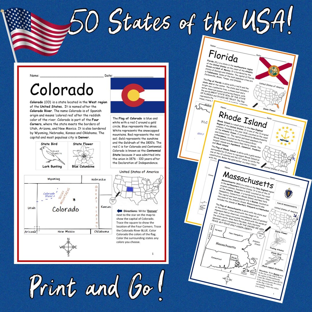 50 States of the USA Printable Worksheets Bundle - Etsy