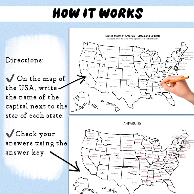 USA 50 States and Capitals Printable Map and Quiz Activity - Etsy