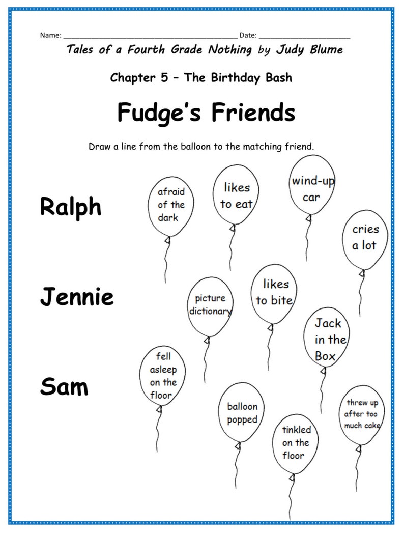 Tales of a Fourth Grade Nothing by Judy Blume Printable Worksheets for ...