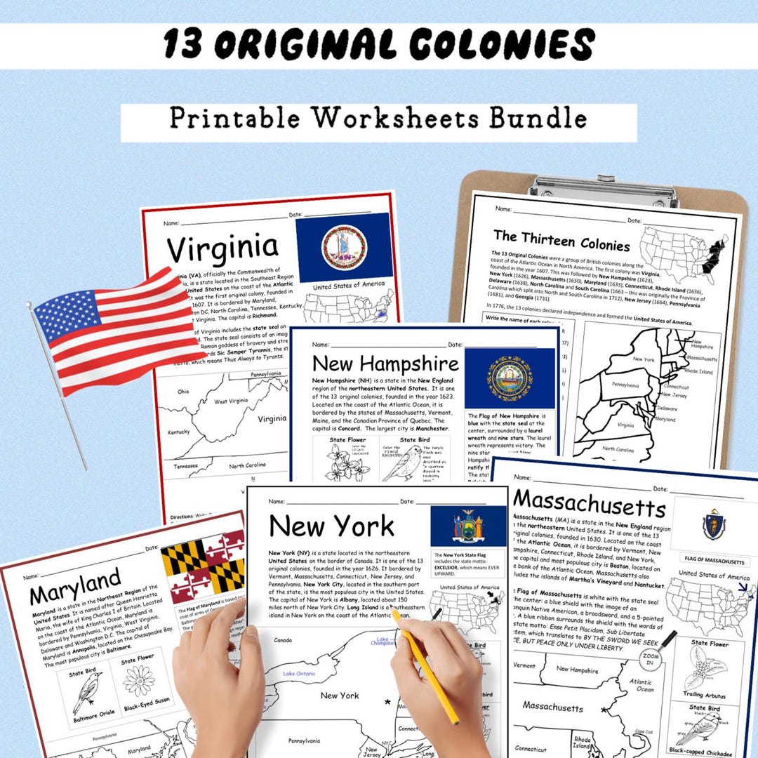 13 Colonies Printable Worksheets Bundle - Etsy