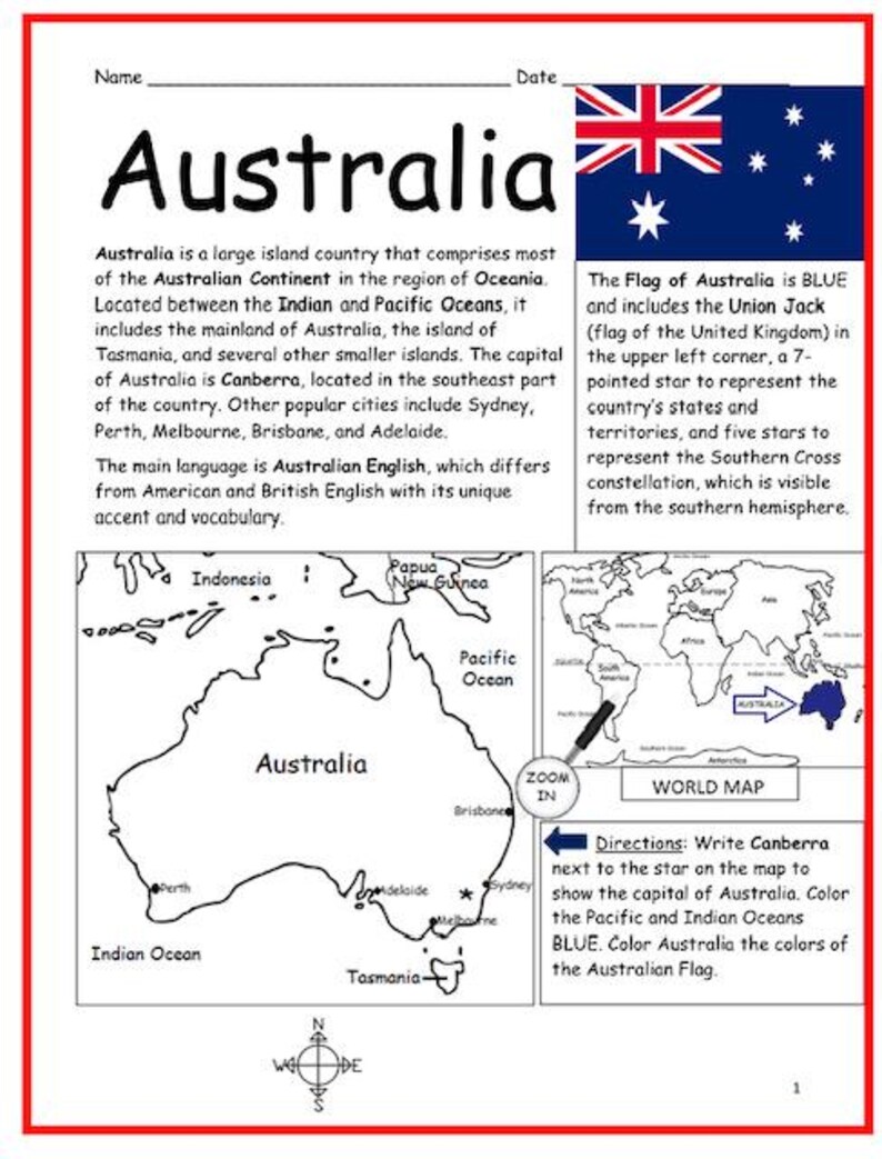 Oceania Countries Printable Worksheets Bundle - Etsy
